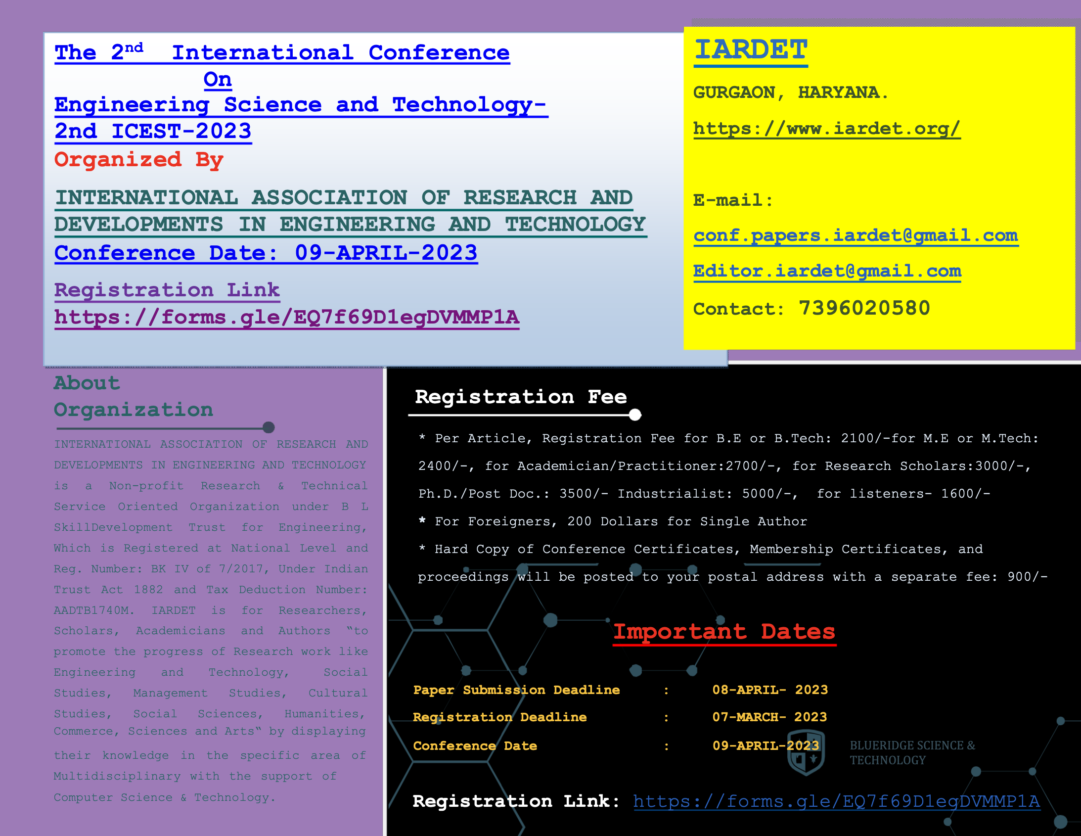 The 2nd International Conference on Engineering Science and Technology-2nd ICEST-2023, IARDET ...
